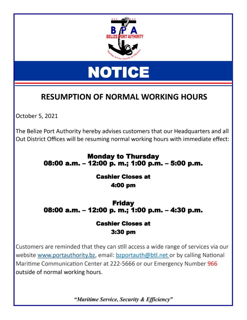 Resumption of Normal Working Hours – Belize Port Authority