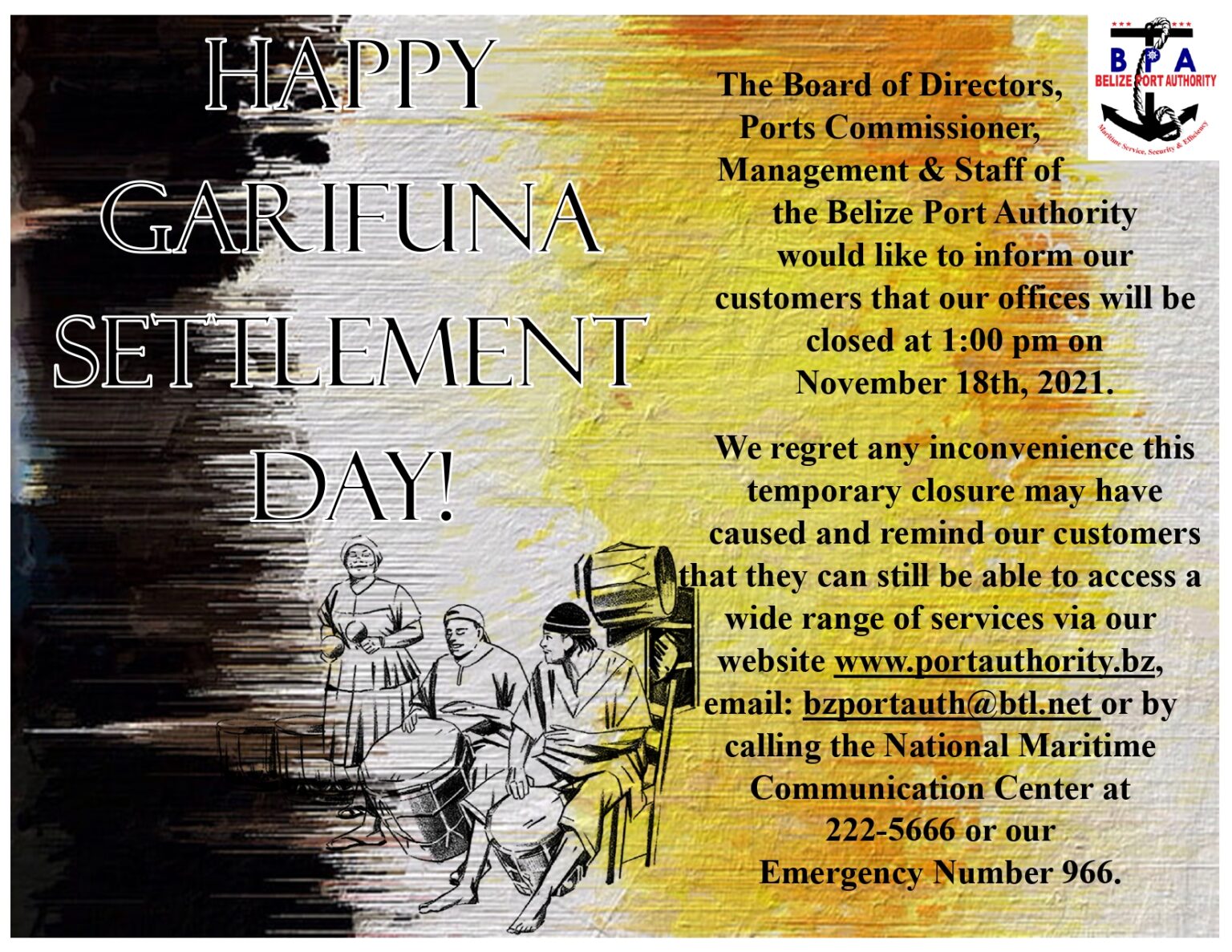 Happy Garifuna Settlement Day! – Belize Port Authority