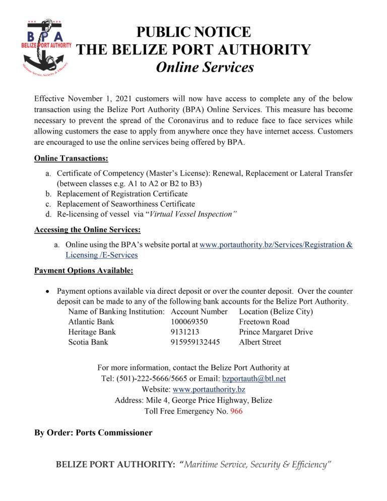 ONLINE SERVICES – Belize Port Authority