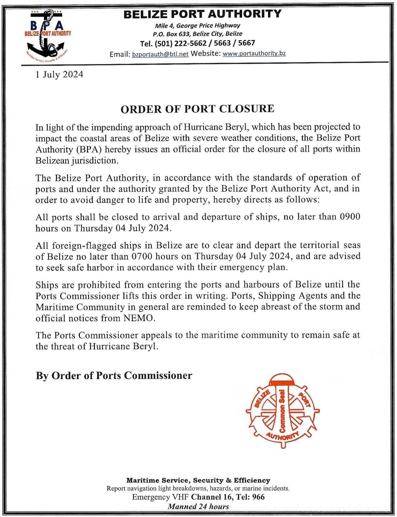 Notice Of Port Closure Belize Port Authority Notice Of Port Closure Belize Port Authority