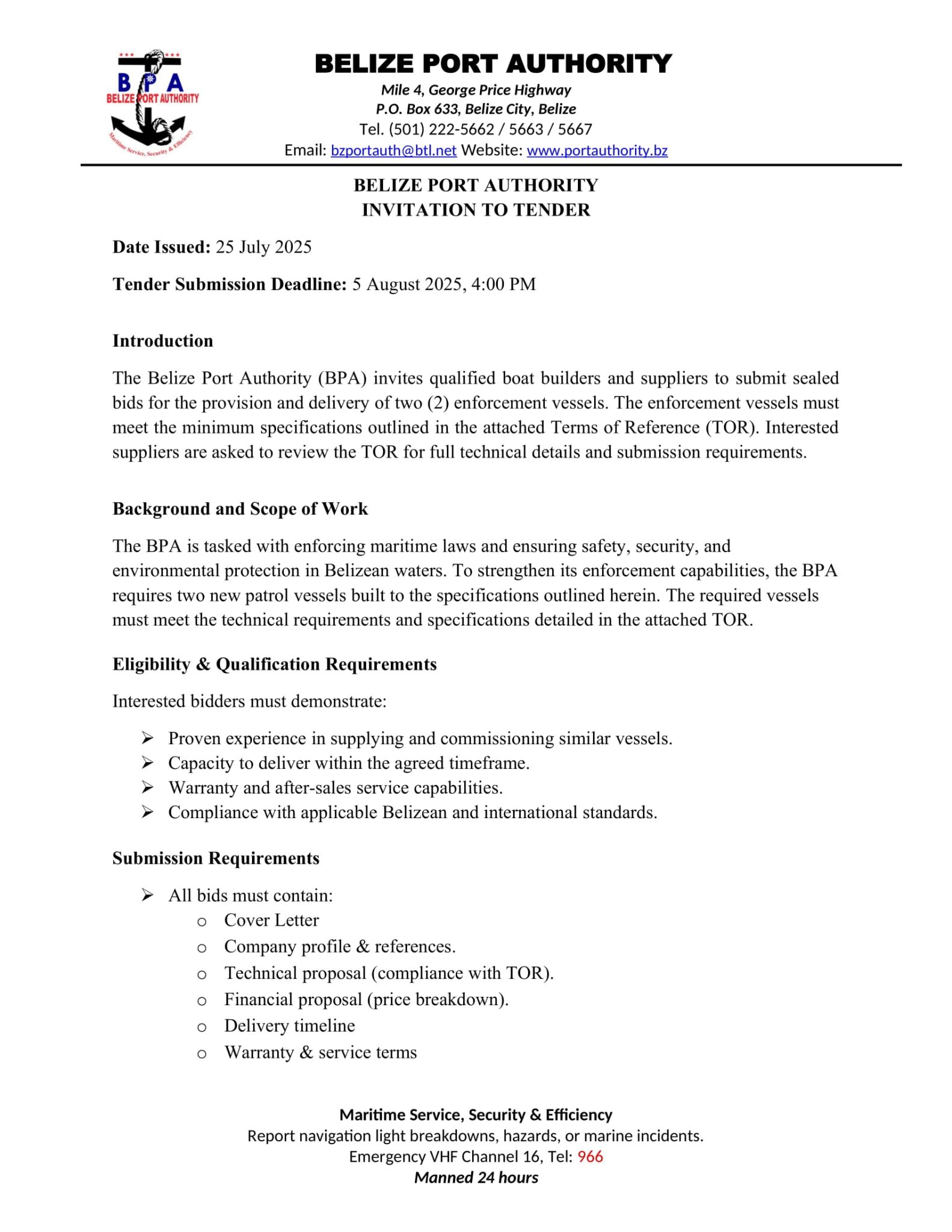 Invitation to Tender – Belize Port Authority
