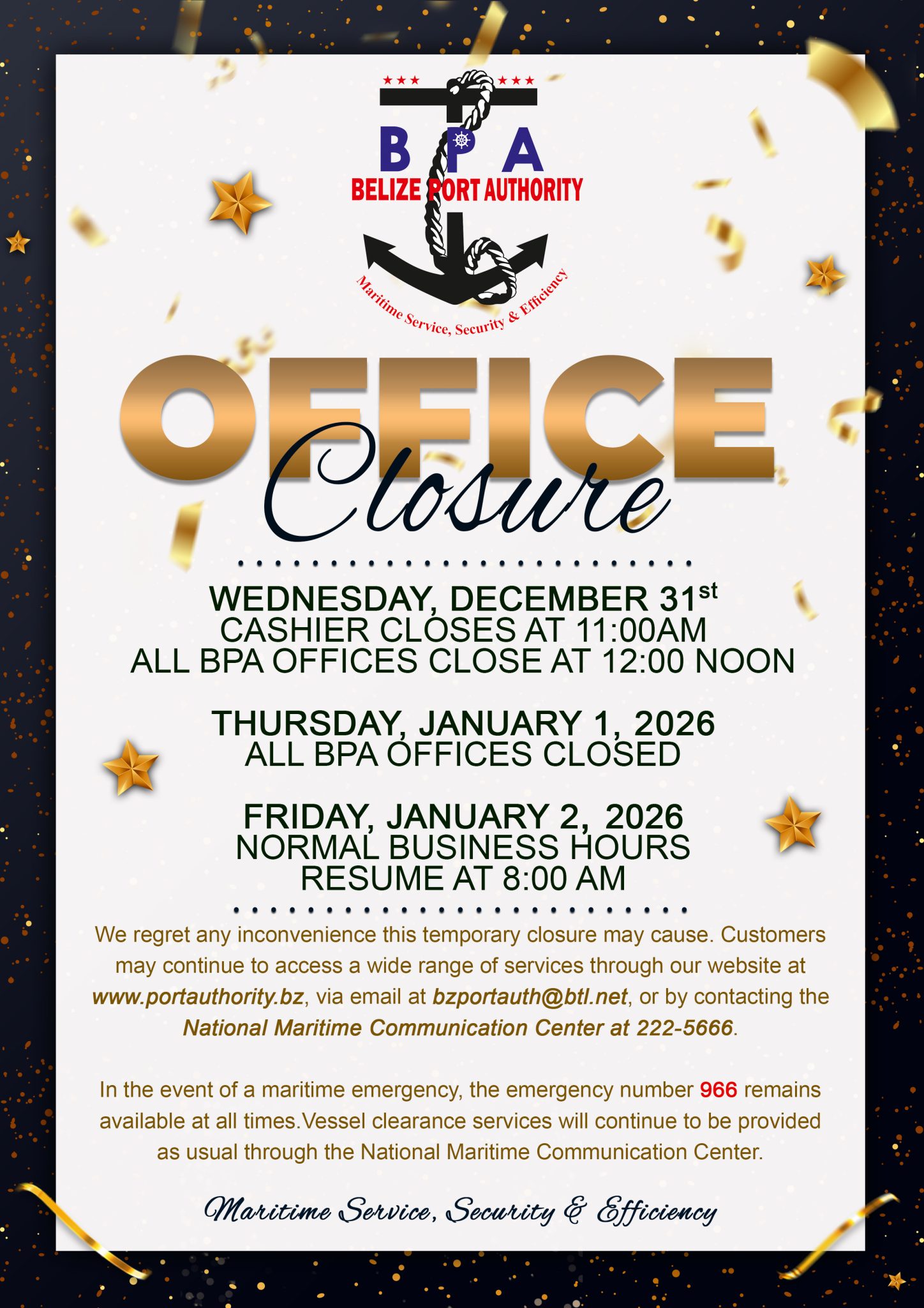 OFFICE CLOSURE – Belize Port Authority